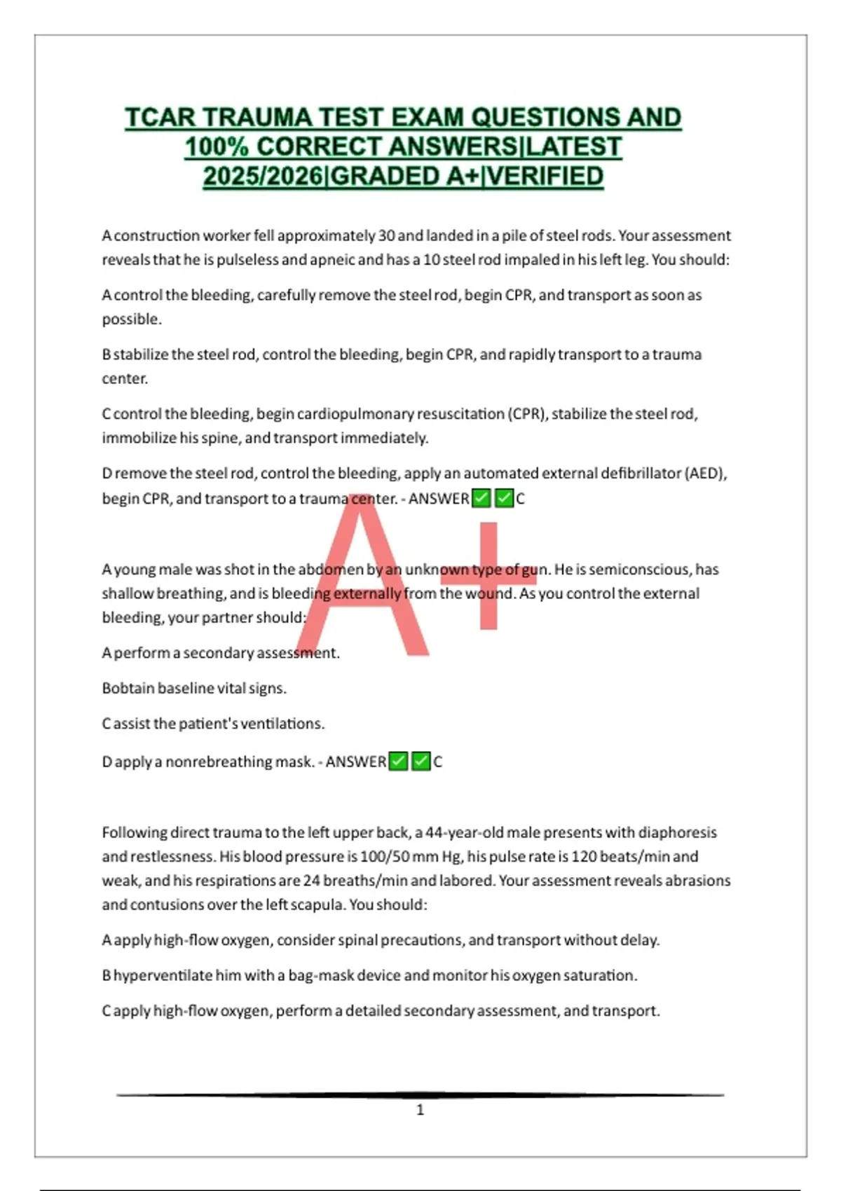TCAR TRAUMA TEST EXAM QUESTIONS AND 100% CORRECT ANSWERS|LATEST 2025/ ...