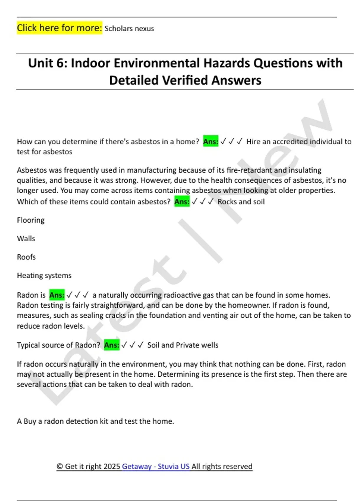 Unit 6: Indoor Environmental Hazards Questions with Detailed Verified ...