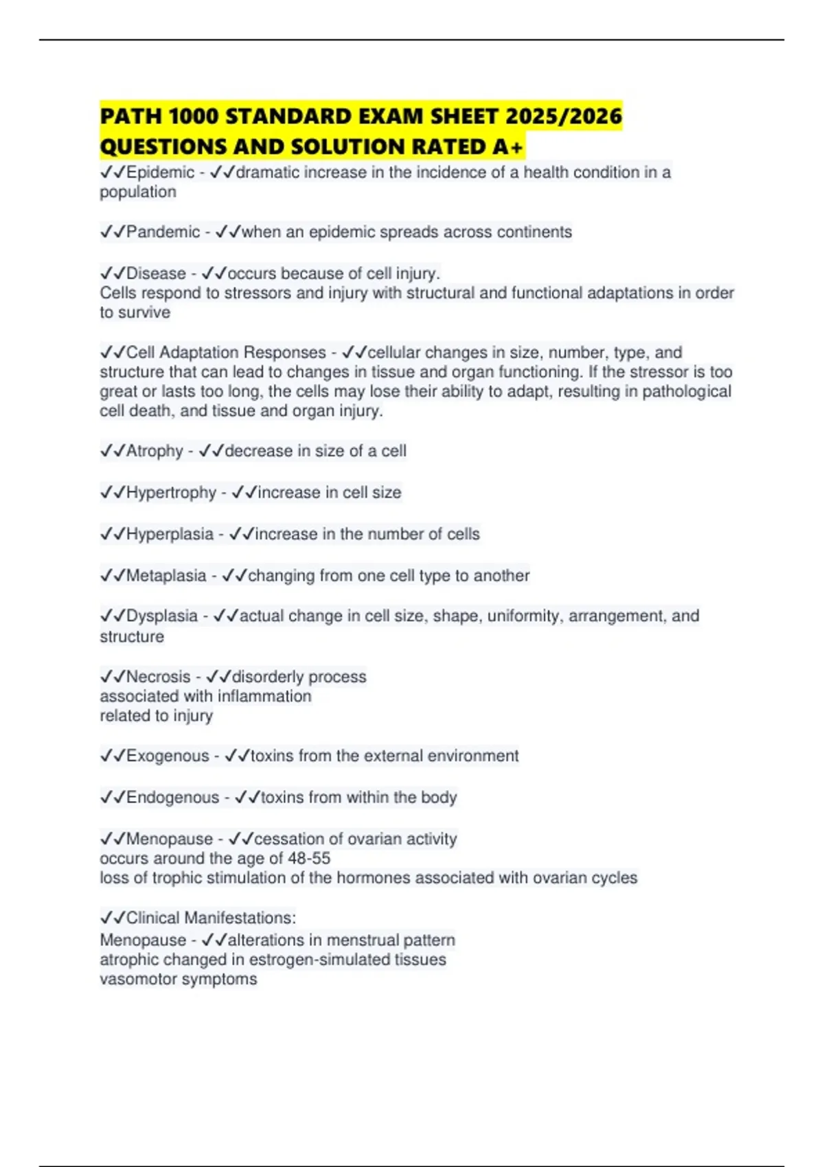 PATH 1000 STANDARD EXAM SHEET 2025/2026 QUESTIONS AND SOLUTION RATED A+ ...