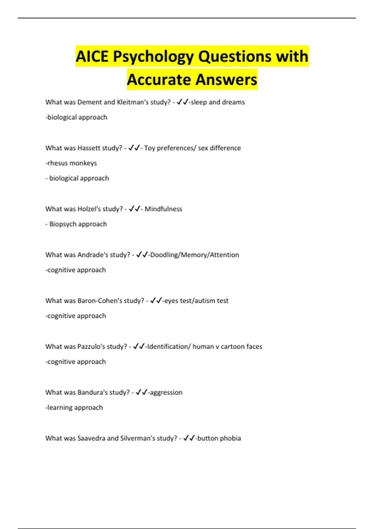 AICE Psychology Questions with Accurate Answers - AICE PSYCHOLOGY ...
