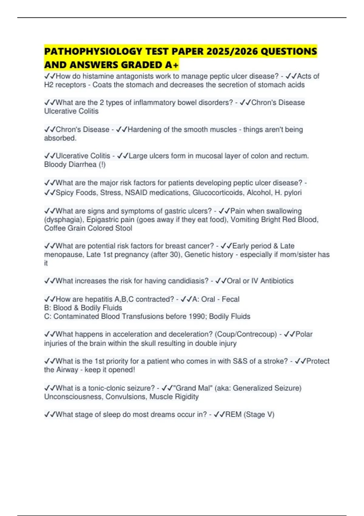 PATHOPHYSIOLOGY TEST PAPER 2025/2026 QUESTIONS AND ANSWERS GRADED A+ ...