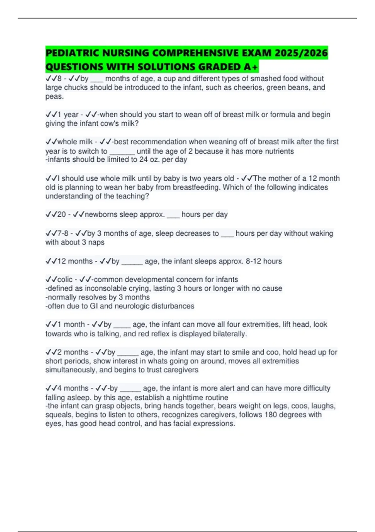 PEDIATRIC NURSING COMPREHENSIVE EXAM 2025/2026 QUESTIONS WITH SOLUTIONS ...