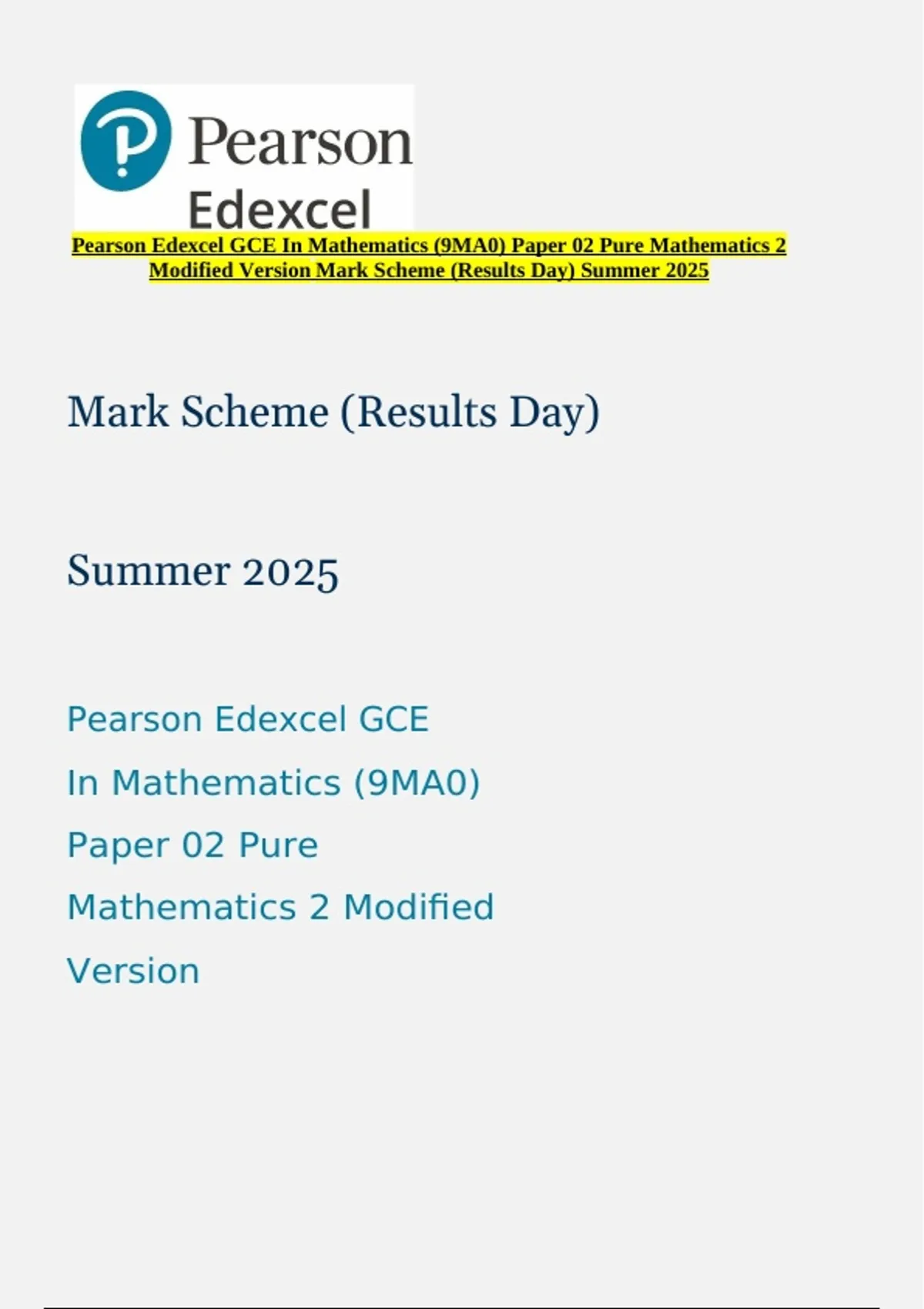 Pearson Edexcel GCE In Mathematics (9MA0) Paper 02 Pure Mathematics 2 ...