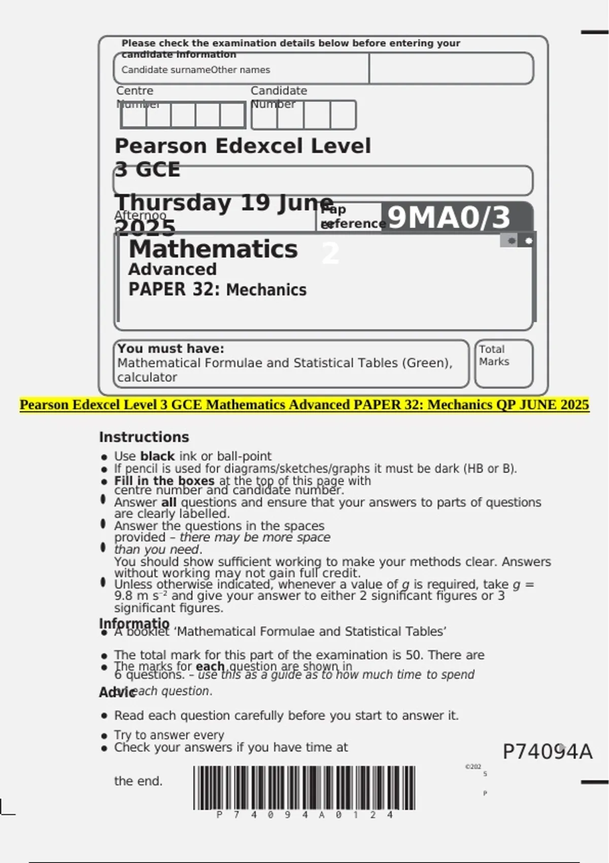 Pearson Edexcel Level 3 GCE Mathematics Advanced PAPER 32: Mechanics QP ...