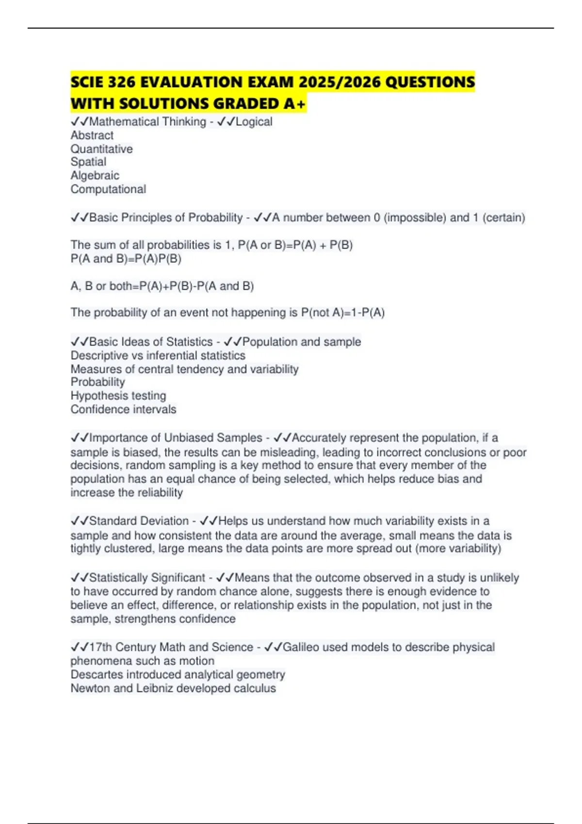 SCIE 326 EVALUATION EXAM 2025/2026 QUESTIONS WITH SOLUTIONS GRADED A+ ...
