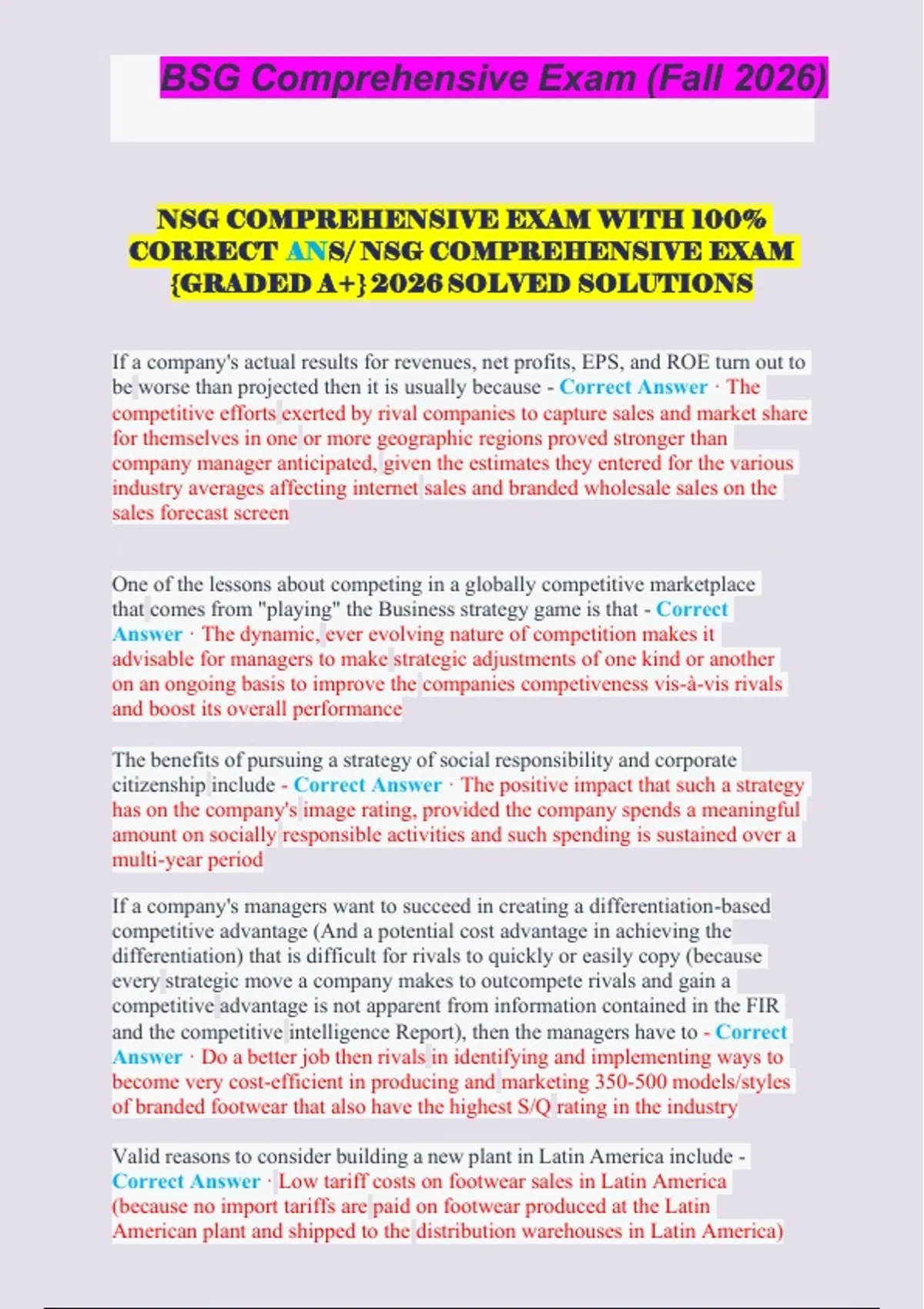 NSG COMPREHENSIVE EXAM WITH 100% CORRECT ANS/ NSG COMPREHENSIVE EXAM ...