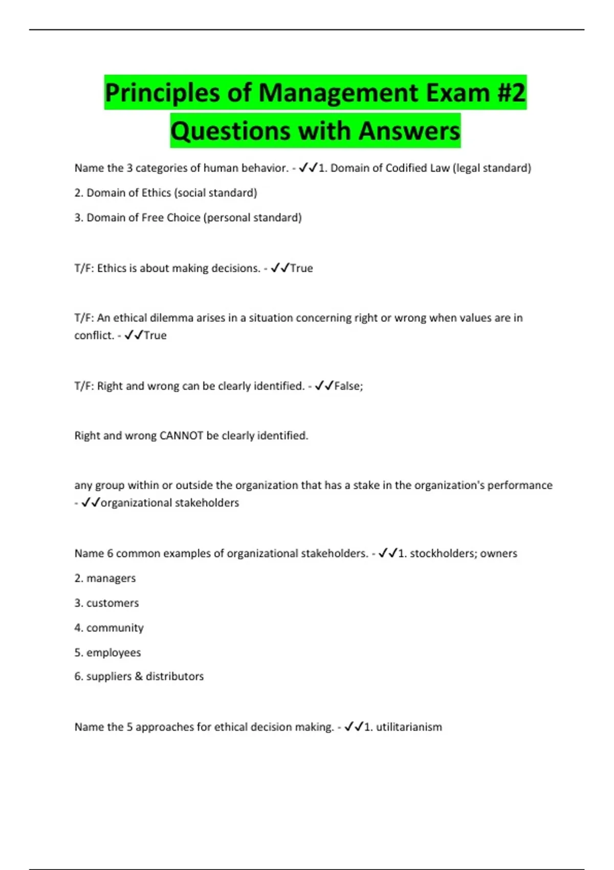 Principles of Management Exam #2 Questions with Answers - Principles of ...