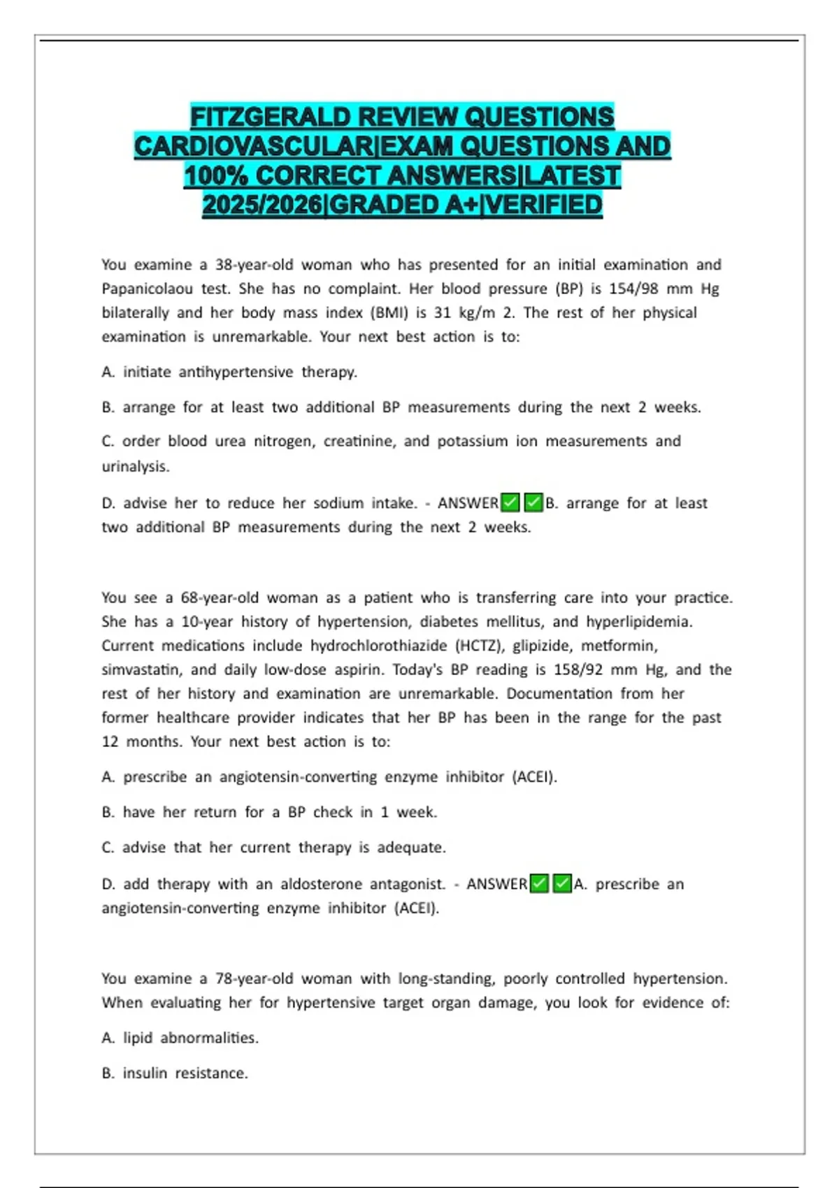 FITZGERALD REVIEW QUESTIONS CARDIOVASCULAR|EXAM QUESTIONS AND 100% ...