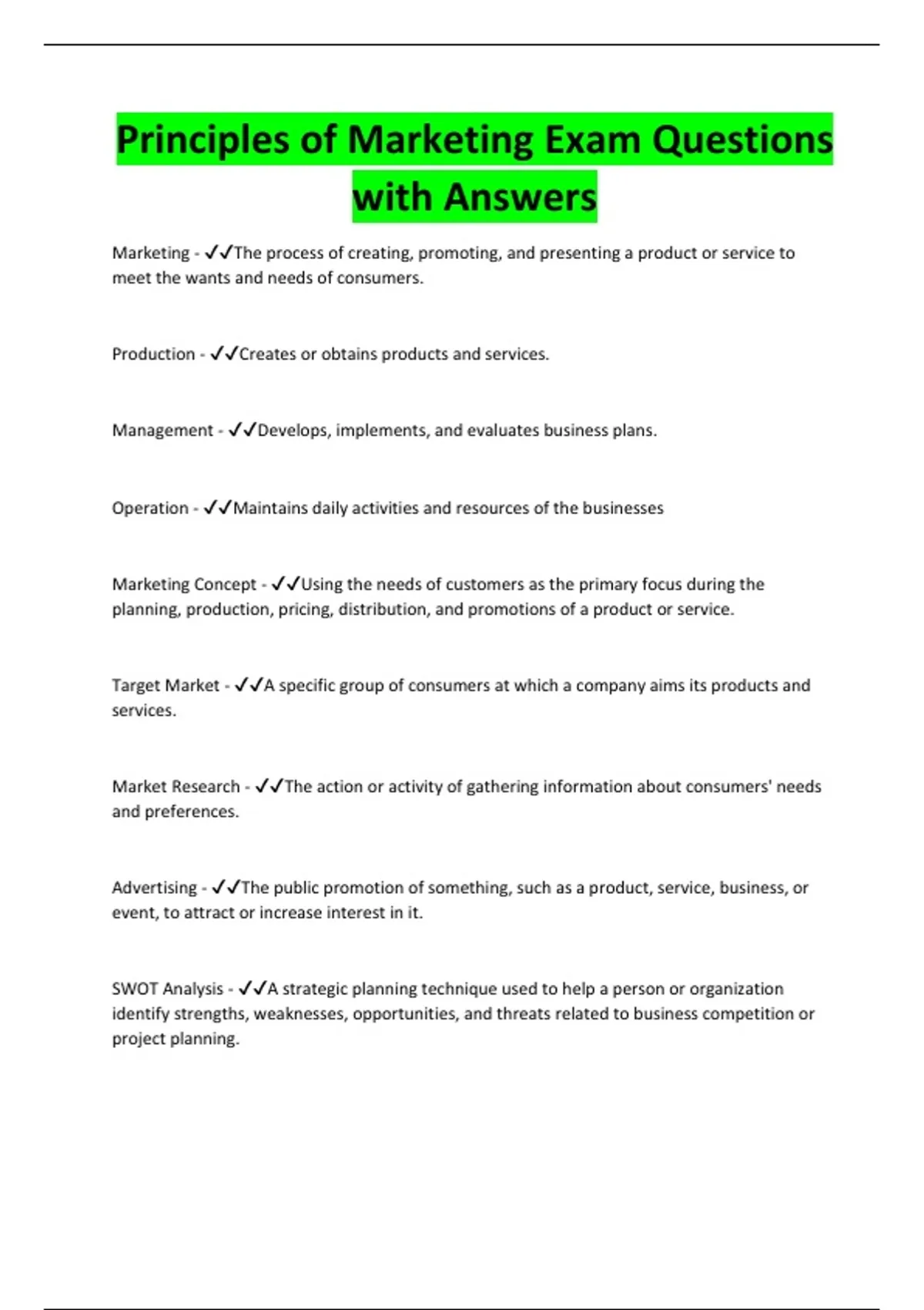 Principles of Marketing Exam Questions with Answers - Principles of mkt ...