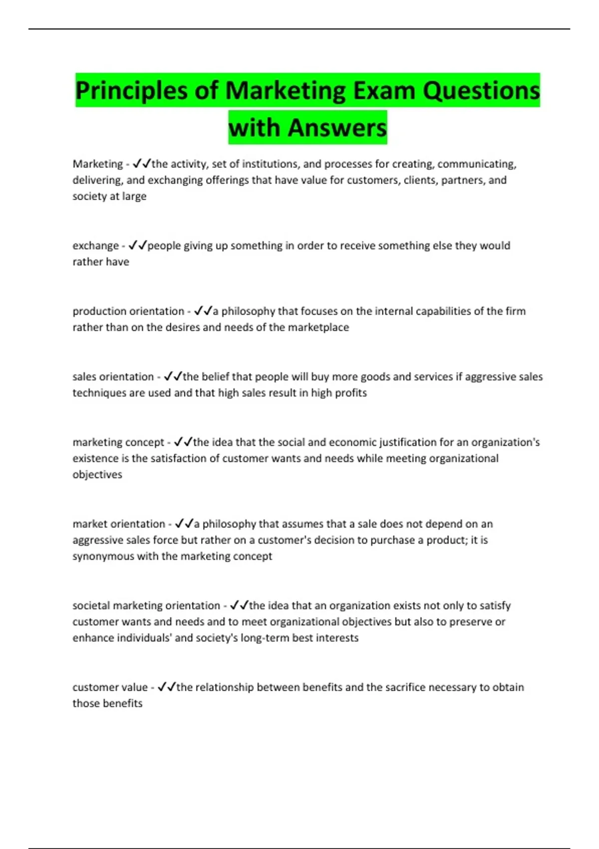 Principles of Marketing Exam Questions with Answers - Principles of mkt ...
