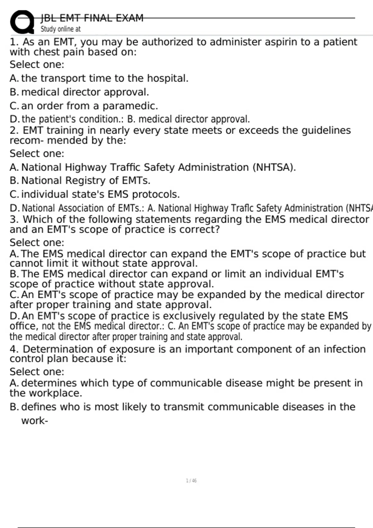 JB LEARNING EMT MidTerm Exam Latest 2025 Actual Questions and Verified ...