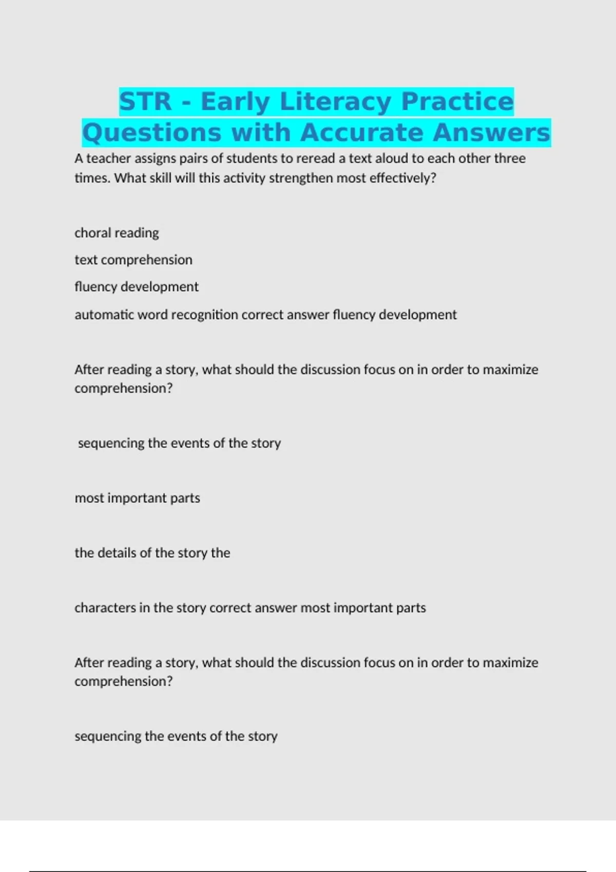 STR - Early Literacy Practice Questions with Accurate Answers ...