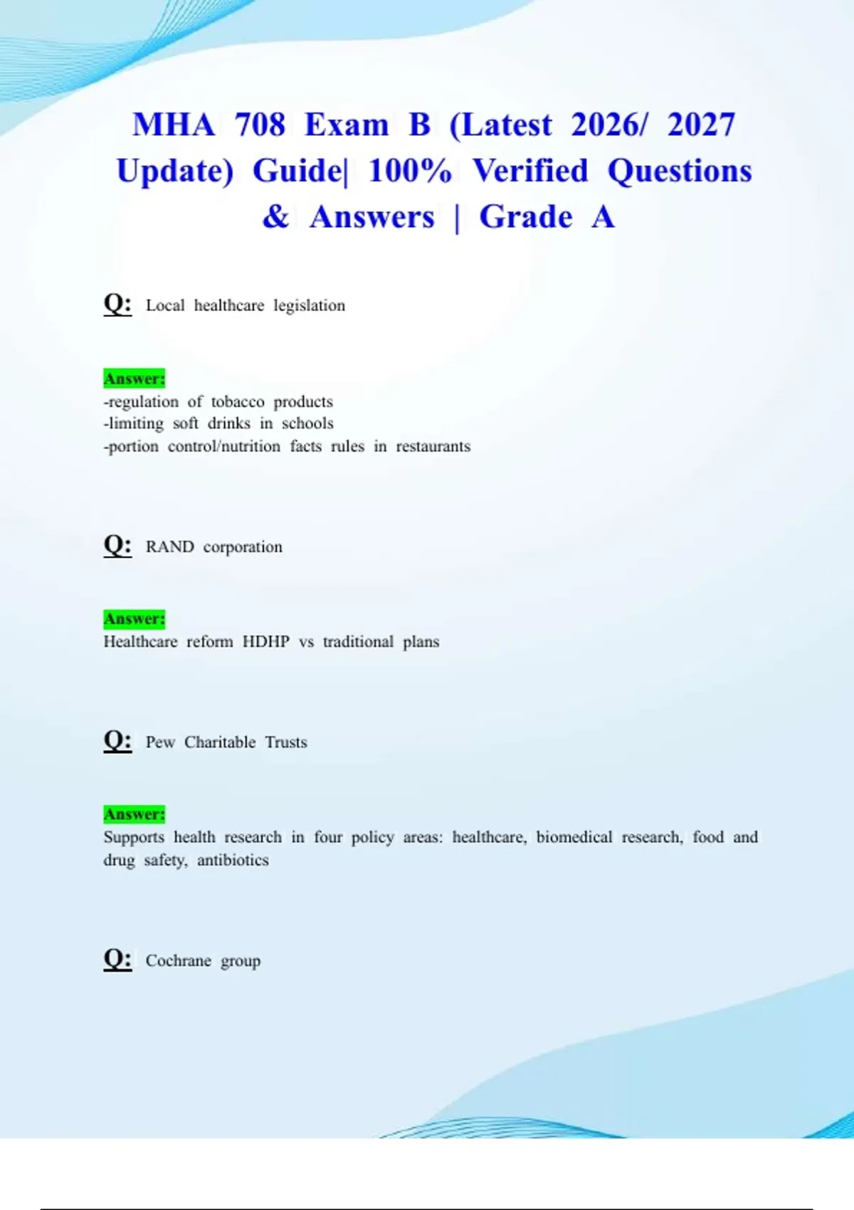 MHA 708 Exams A & B (Latest 2026/ 2027 Updates STUDY BUNDLE PACKAGE ...