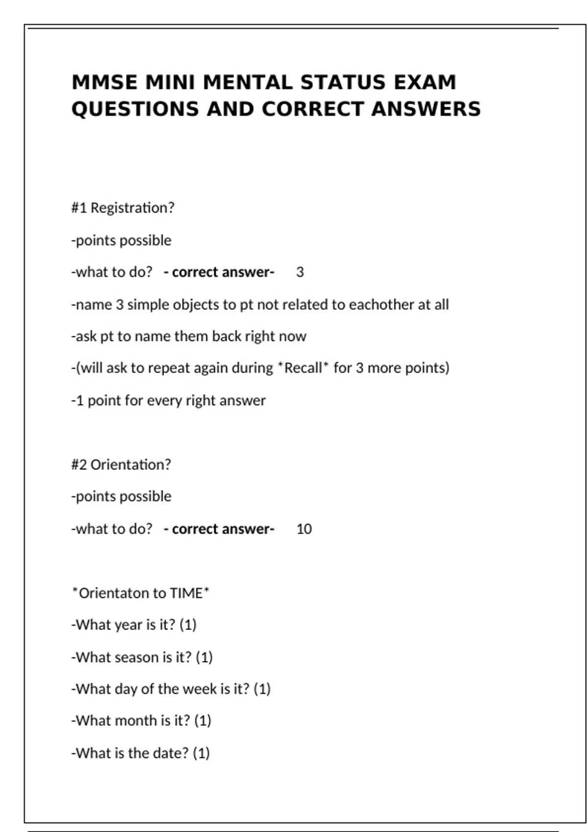 MMSE Mini Mental Status Exam Questions and correct answers - MMSE ...