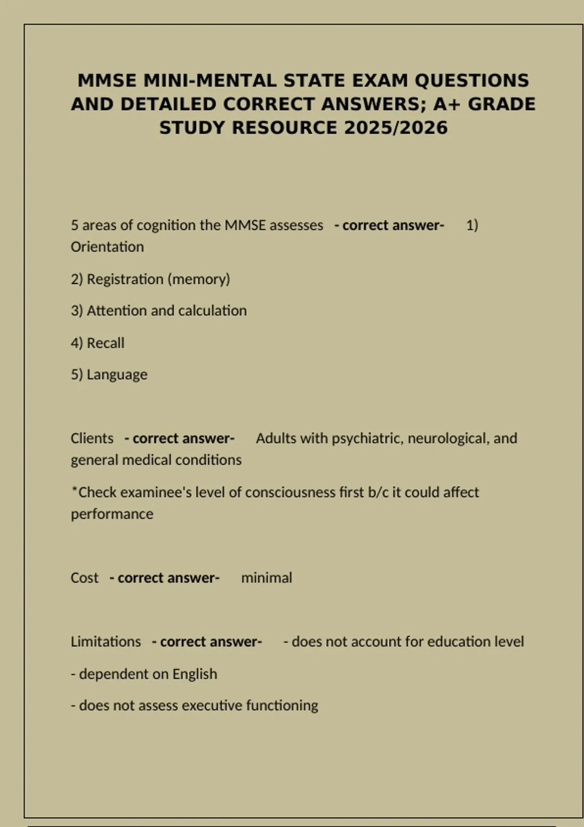 Mmse Mini-Mental State Exam Questions And Detailed Correct Answers; A+ ...