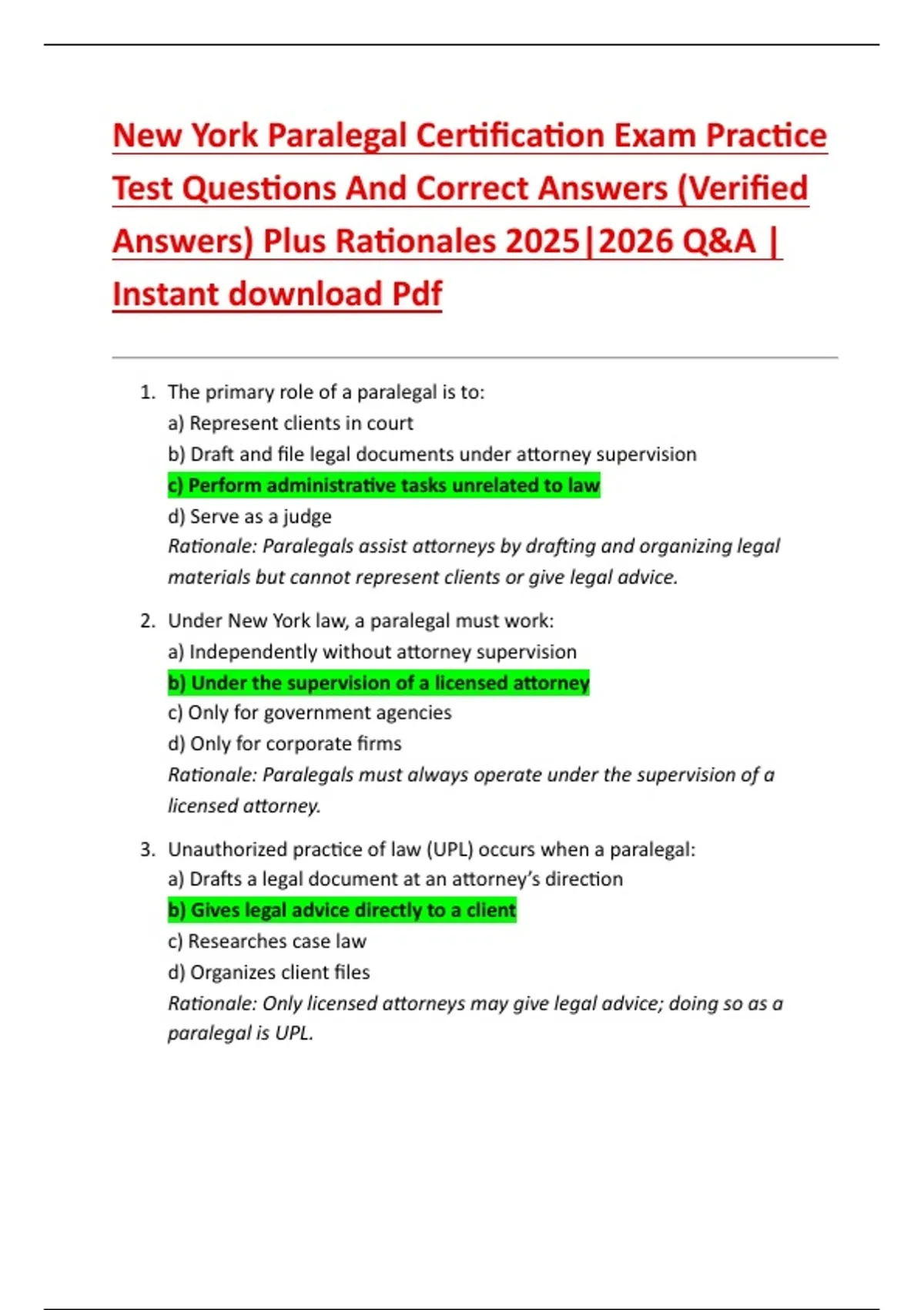 New York Paralegal Certification Exam Practice Test Questions And ...