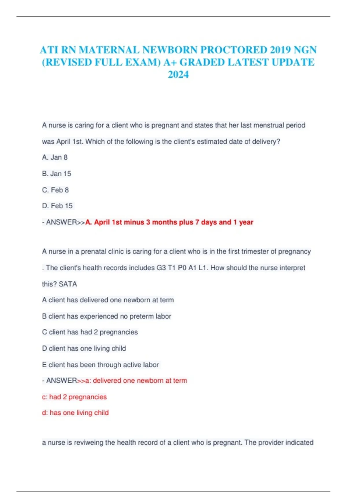 ATI RN Maternal Newborn Proctored Exam – 2019 NGN (Next Generation ...