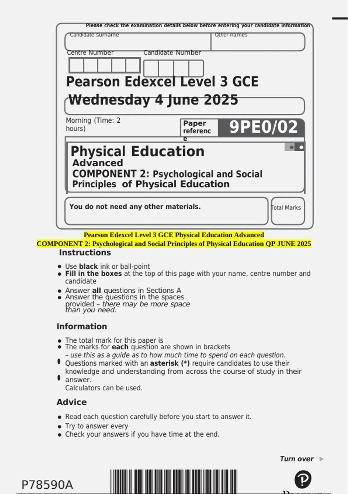 Pearson Edexcel Level 3 GCE Physical Education Advanced COMPONENT 2 ...