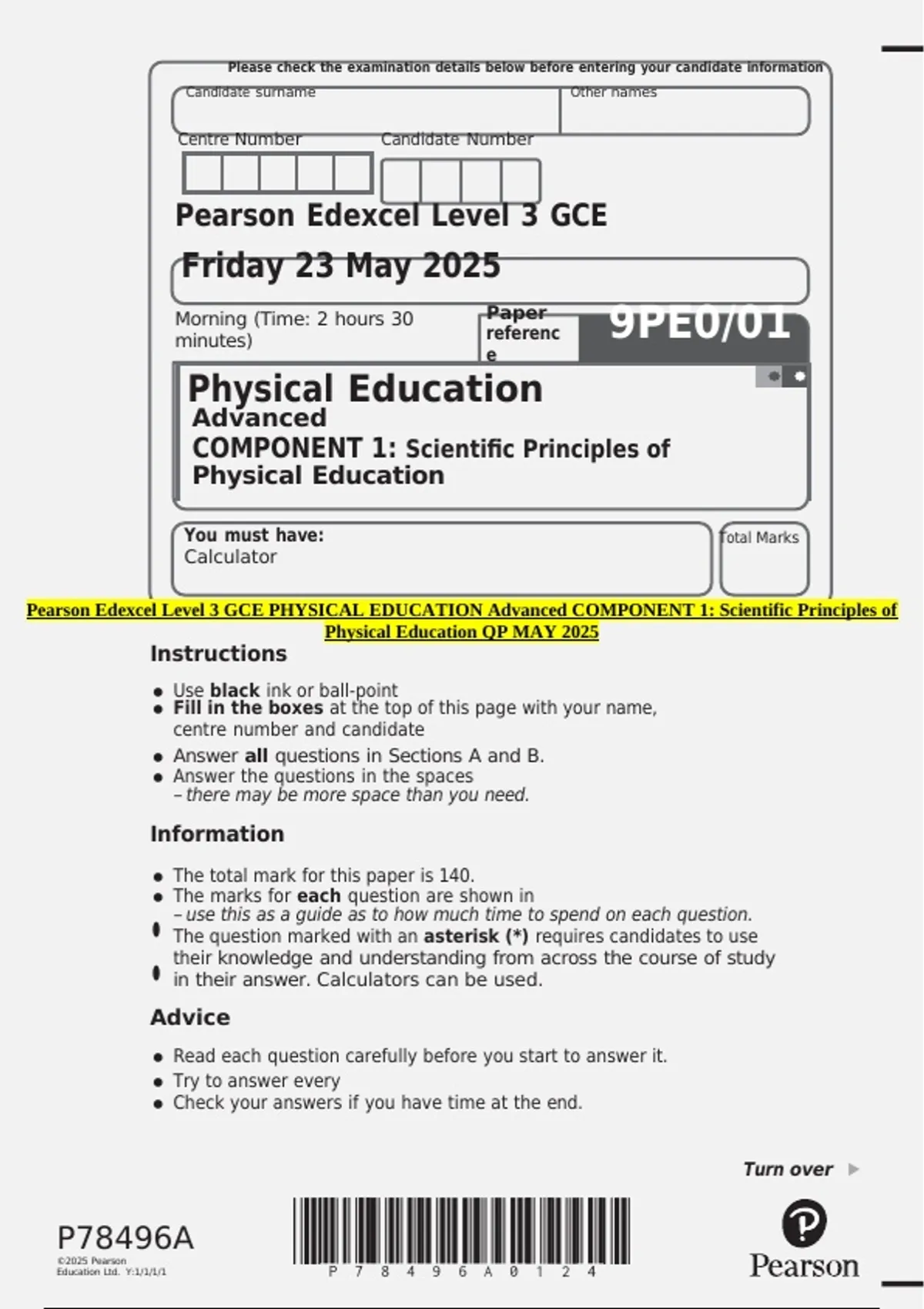 Pearson Edexcel Level 3 GCE PHYSICAL EDUCATION Advanced COMPONENT 1 ...