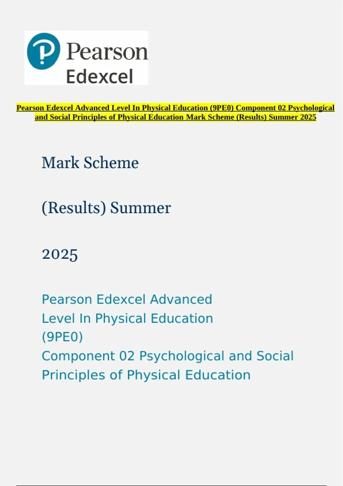 Pearson Edexcel Advanced Level In Physical Education (9PE0) Component ...