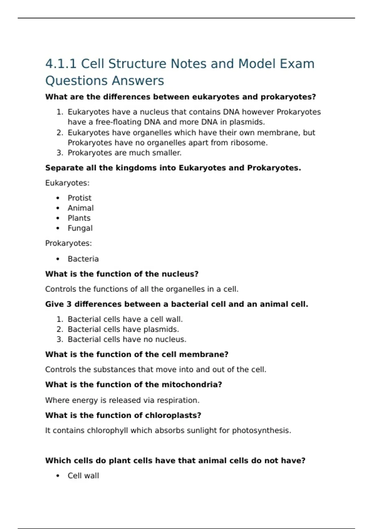 GCSE AQA Biology Cell Structure Notes and Model Exam Question Answers ...
