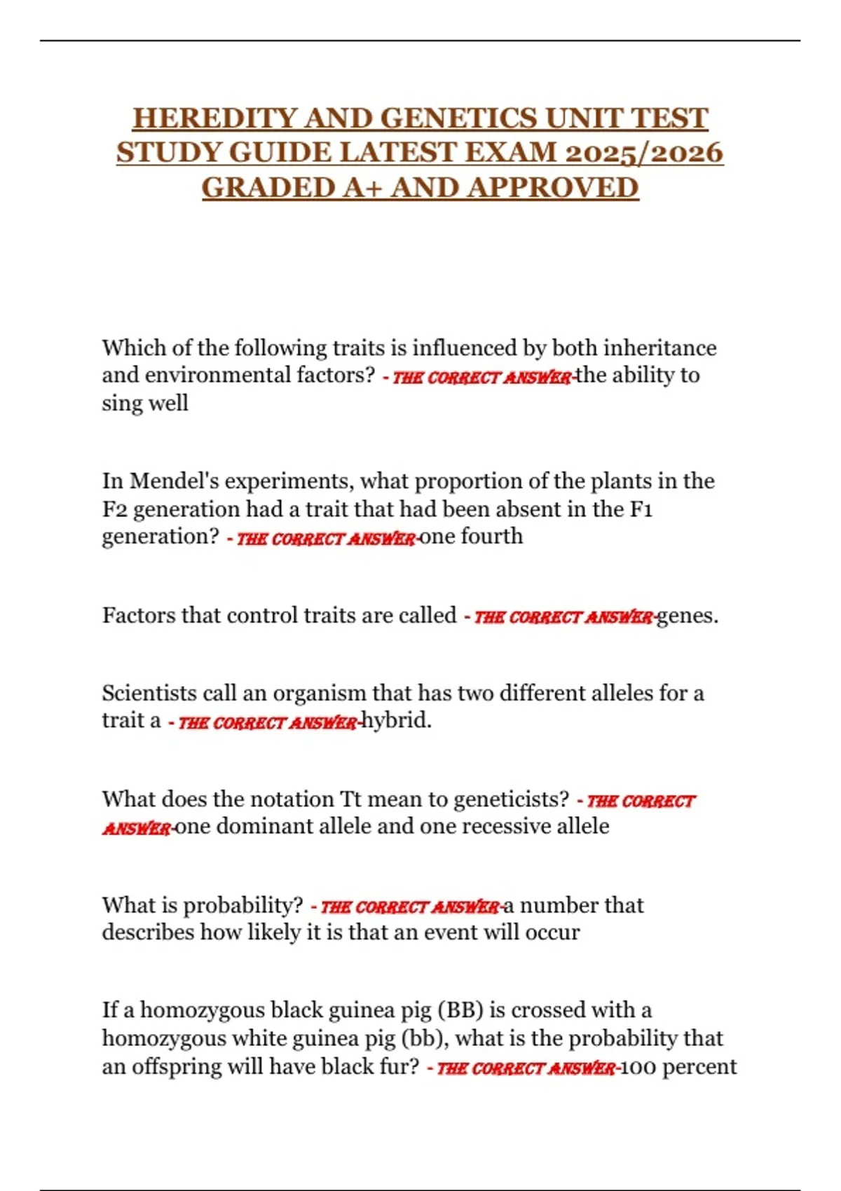 HEREDITY AND GENETICS UNIT TEST STUDY GUIDE LATEST EXAM 2025/2026 ...