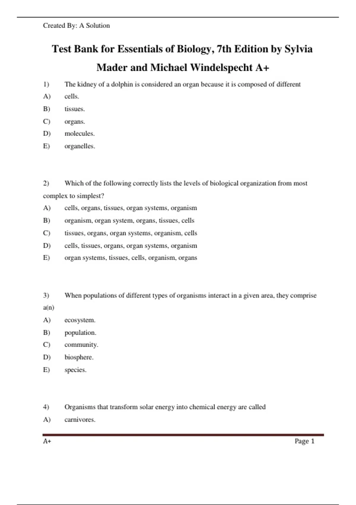 Test Bank For Essentials of Biology, 7th Edition by Mader and ...