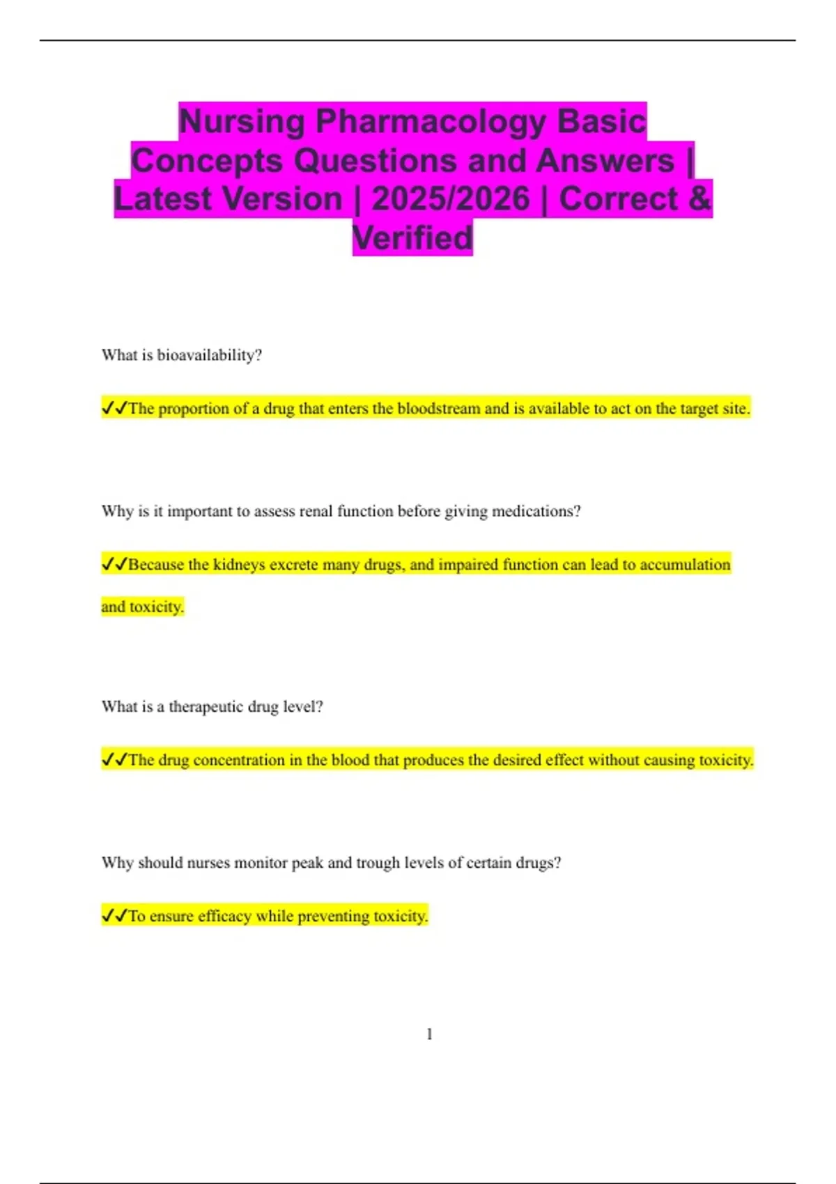 Nursing Pharmacology Basic Concepts Questions and Answers | Latest ...