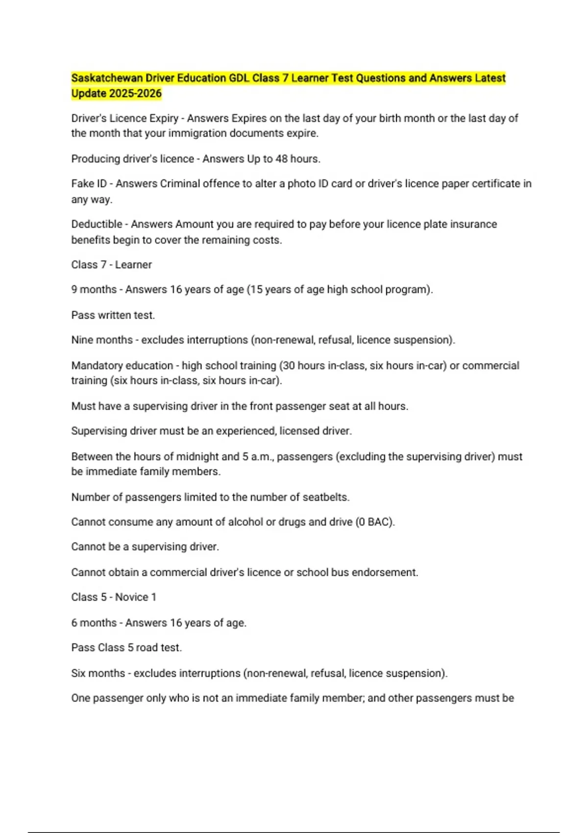 Saskatchewan Driver Education GDL Class 7 Learner Test Questions and ...