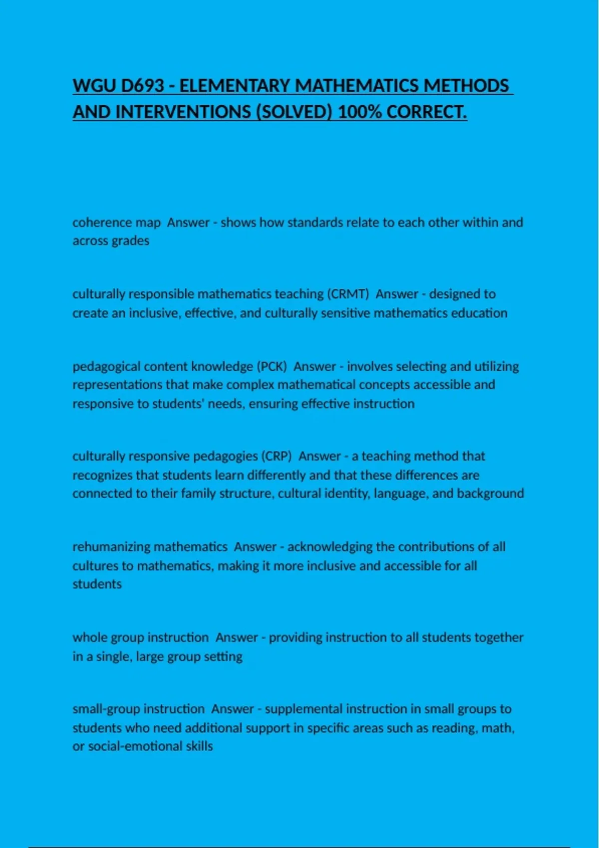 WGU D693 - ELEMENTARY MATHEMATICS METHODS AND INTERVENTIONS (SOLVED ...