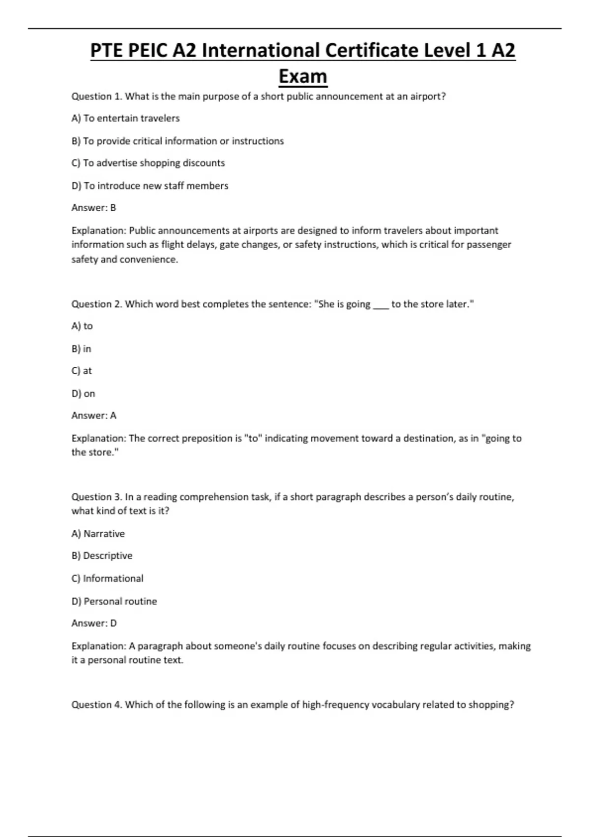 PTE PEIC A2 International Certificate Level 1 A2 Exam - Computer ...