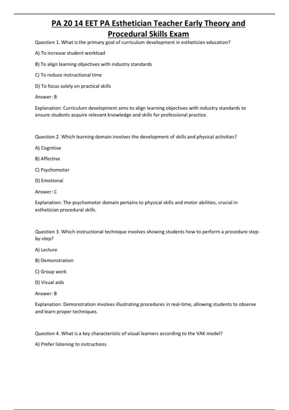 PA 20 14 EET PA Esthetician Teacher Early Theory and Procedural Skills Exam - Computer - Stuvia US
