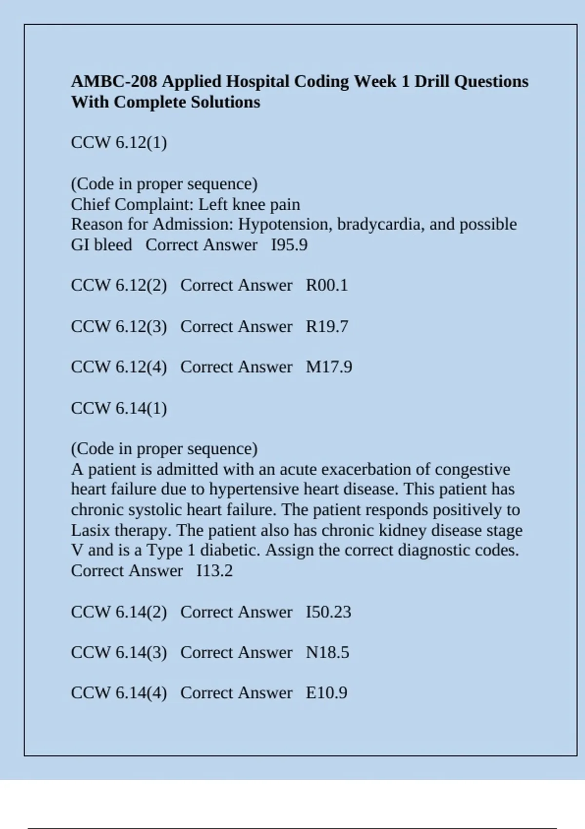 AMBC-208 Applied Hospital Coding Week 1 Drill Questions With Complete ...