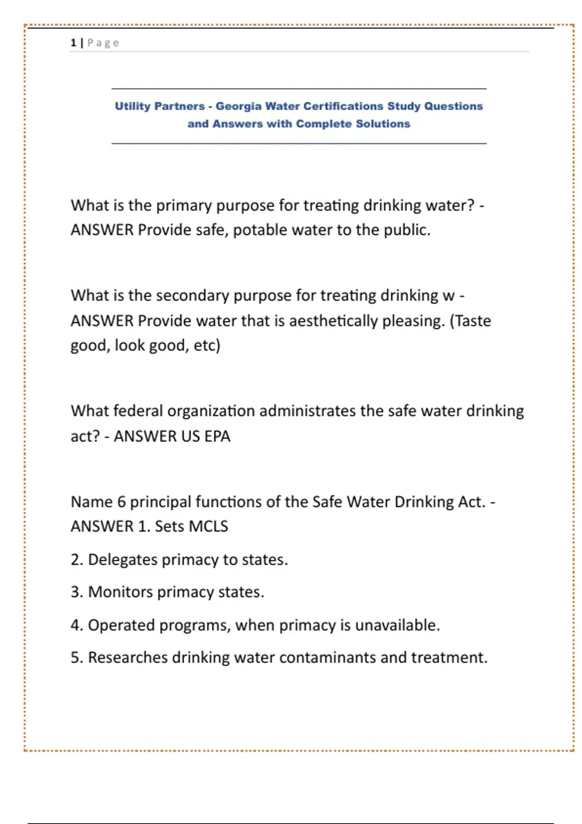 Utility Partners - Georgia Water Certifications Study Questions and ...