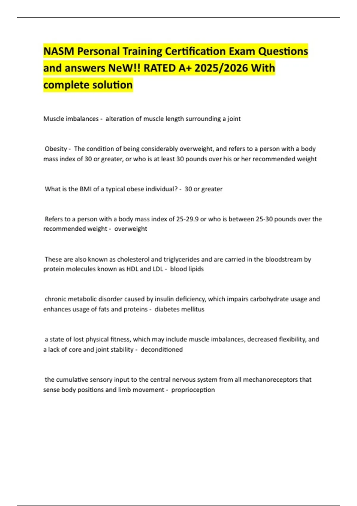 NASM Personal Training Certification Exam Questions and answers NeW ...