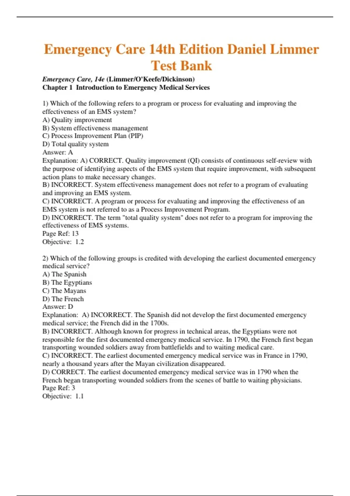 Test Bank for Emergency Care 14th Edition Daniel Limmer Test Bank A+ ...