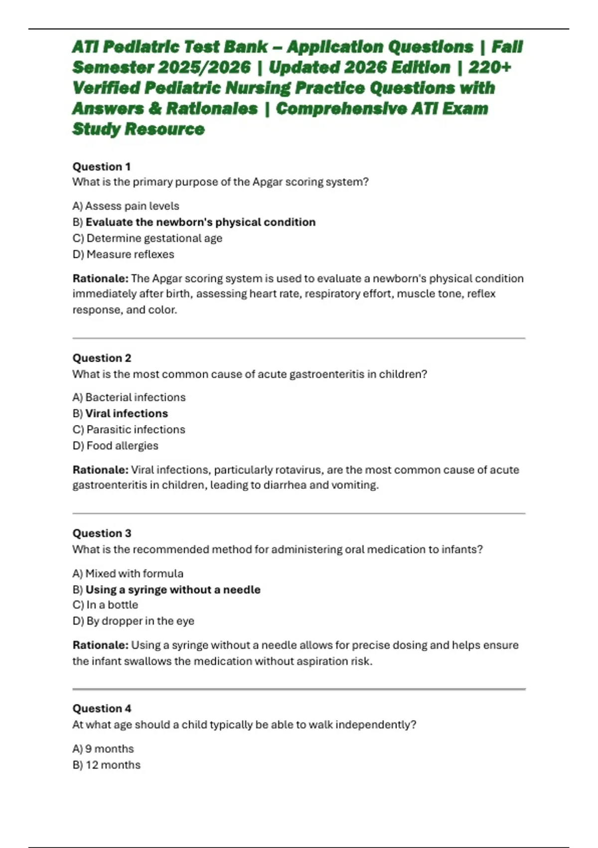 ATI Pediatric Test Bank – Application Questions | Fall Semester 2025/ ...