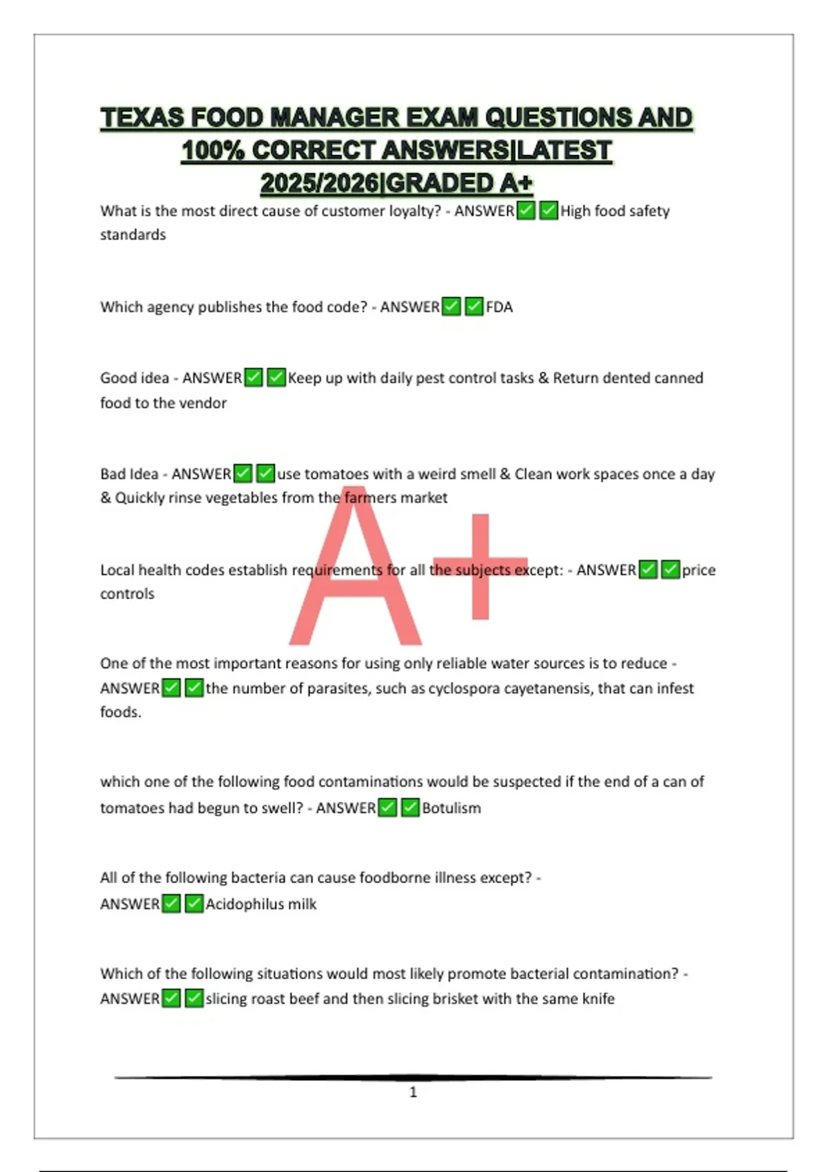 TEXAS FOOD MANAGER EXAM QUESTIONS AND 100% CORRECT ANSWERS|LATEST 2025/ ...