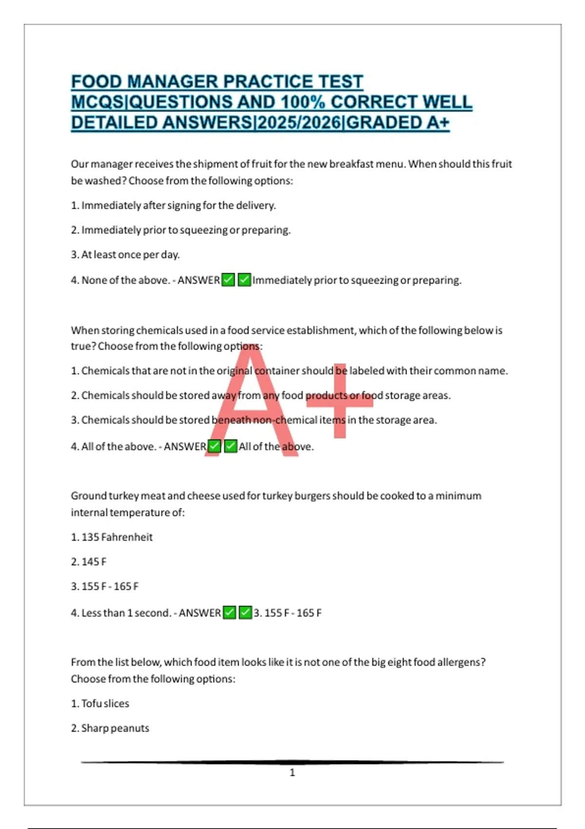 FOOD MANAGER PRACTICE TEST MCQS|QUESTIONS AND 100% CORRECT WELL ...