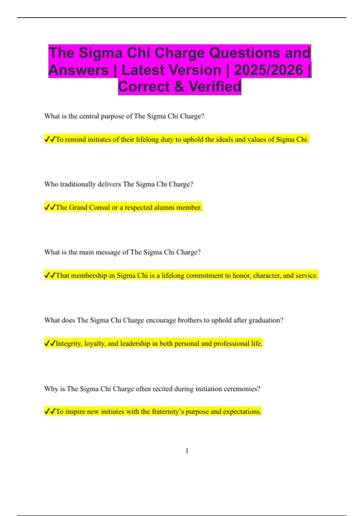The Sigma Chi Charge Questions and Answers | Latest Version | 2025/2026 ...