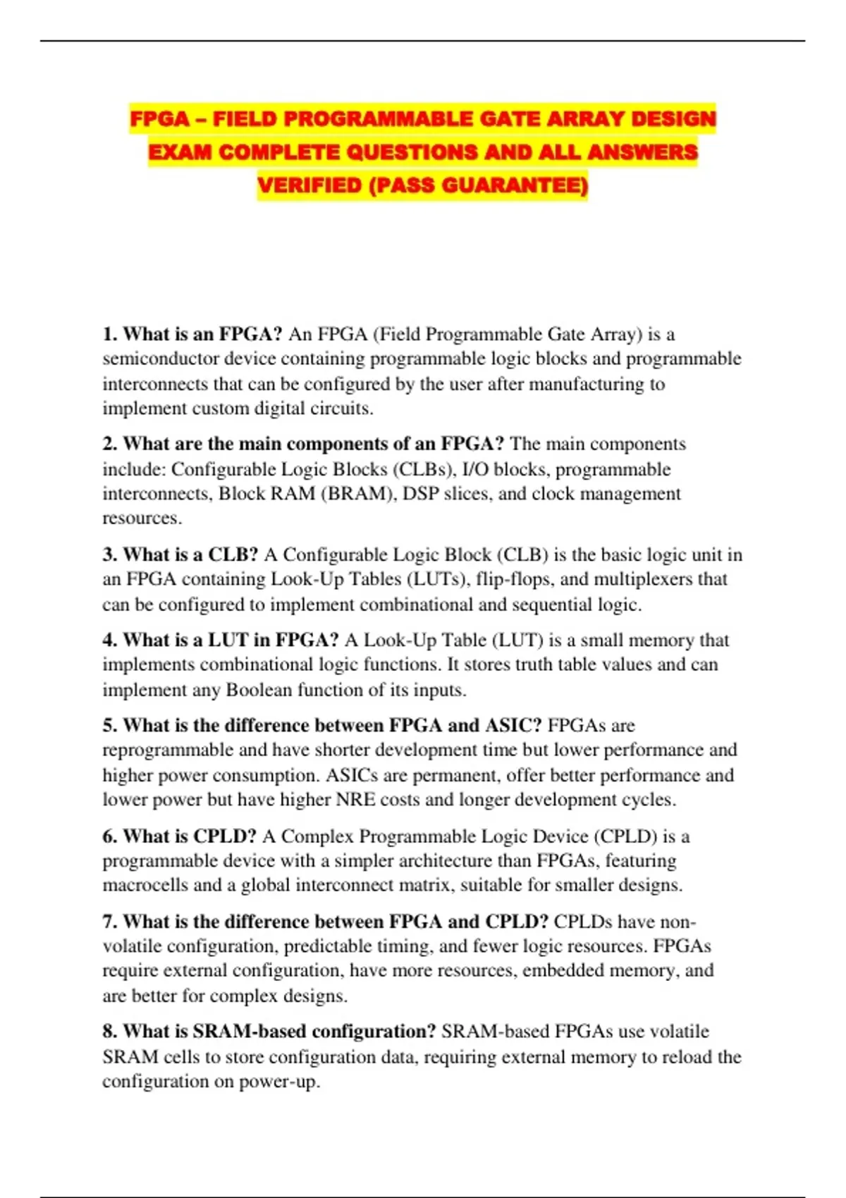 FPGA – FIELD PROGRAMMABLE GATE ARRAY DESIGN EXAM COMPLETE QUESTIONS AND ALL ANSWERS VERIFIED ...