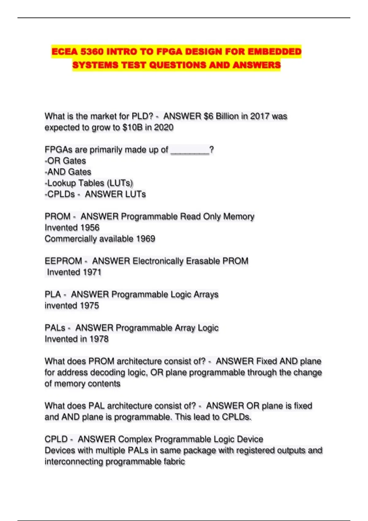 ECEA 5360 INTRO TO FPGA DESIGN FOR EMBEDDED SYSTEMS TEST QUESTIONS AND ...