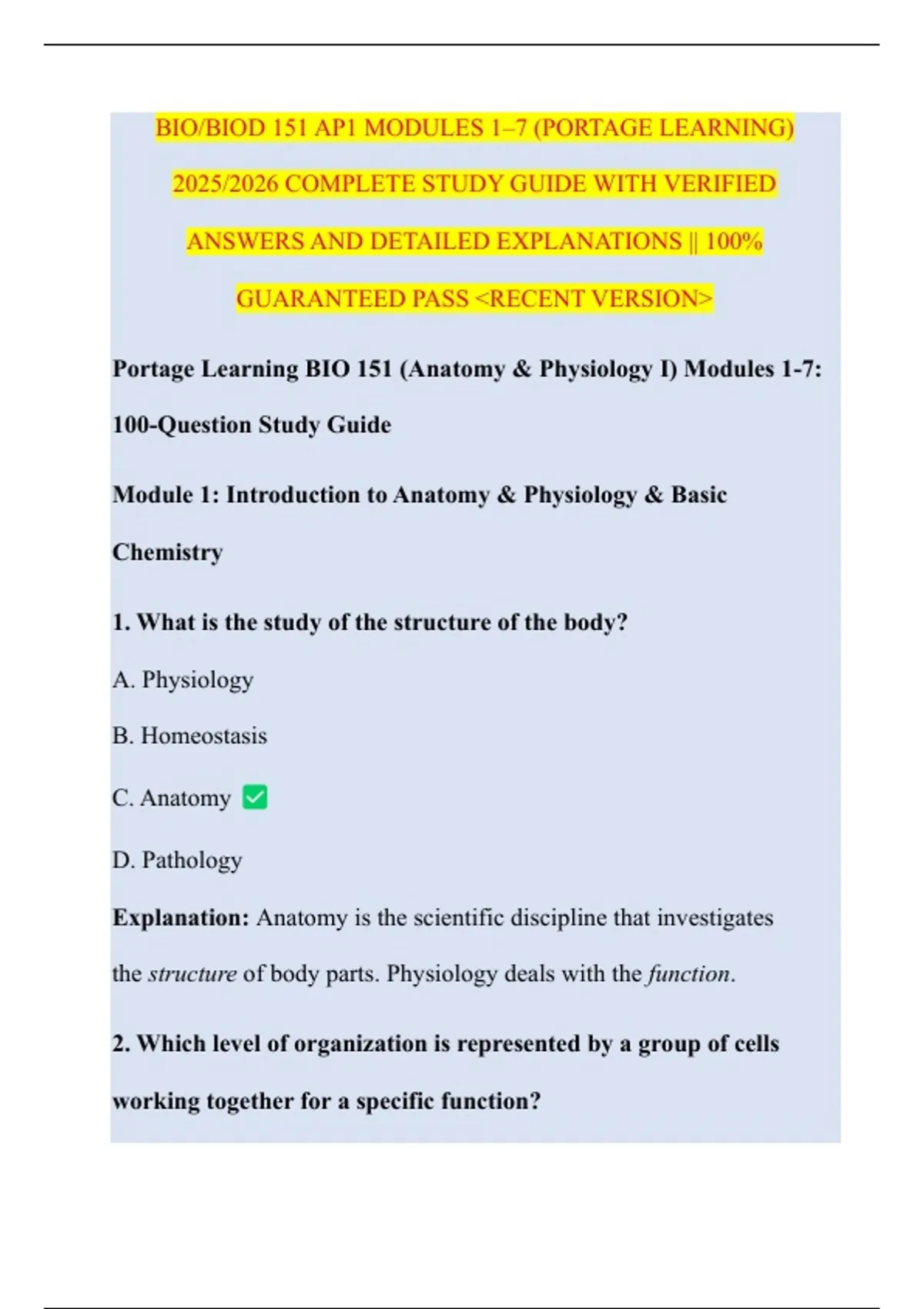 BIO/BIOD 151 AP1 MODULES 1–7 (PORTAGE LEARNING) 2025/2026 COMPLETE ...
