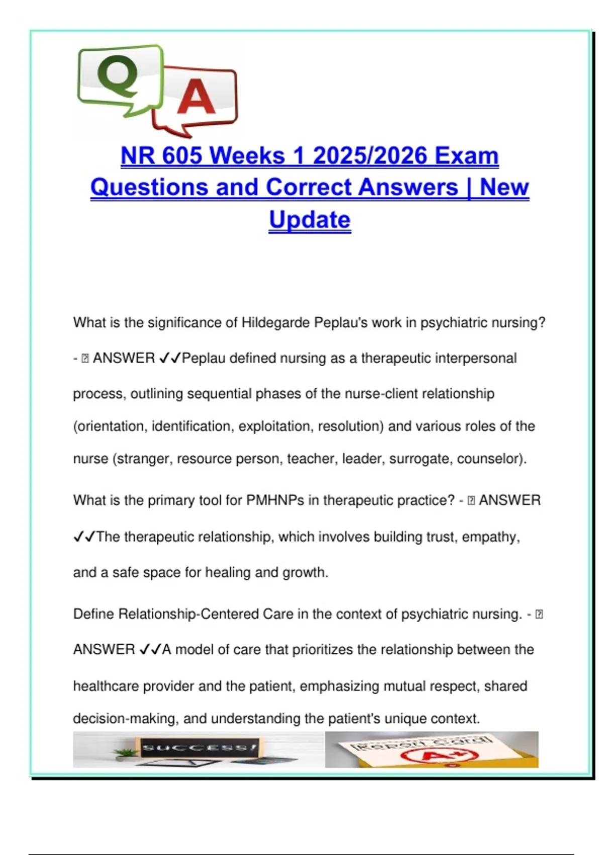 NR 605 Week 1 Exam | 100+ Questions | Therapeutic Models, Documentation, Billing | Chamberlain ...
