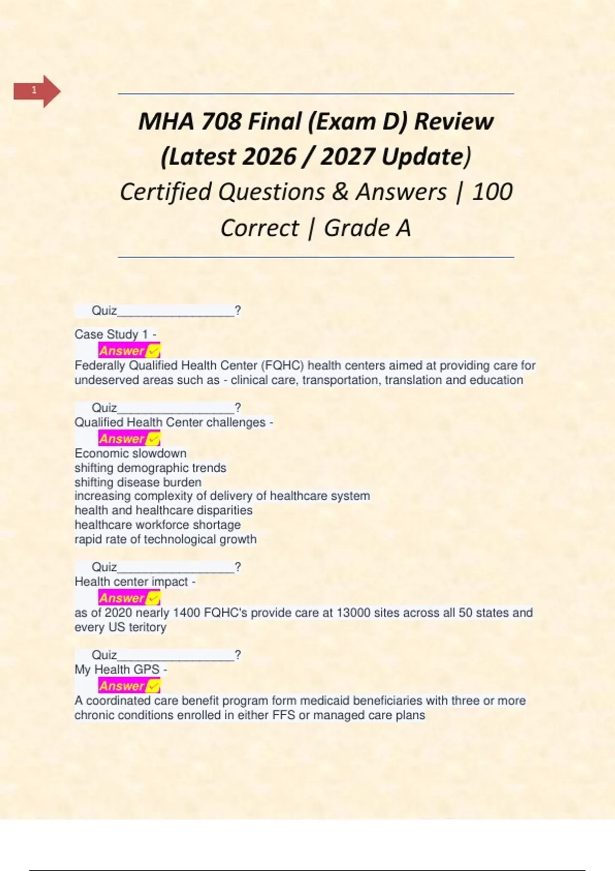 MHA 708 Final (Exam D) Review (Latest 2026 / 2027 Update) Certified ...