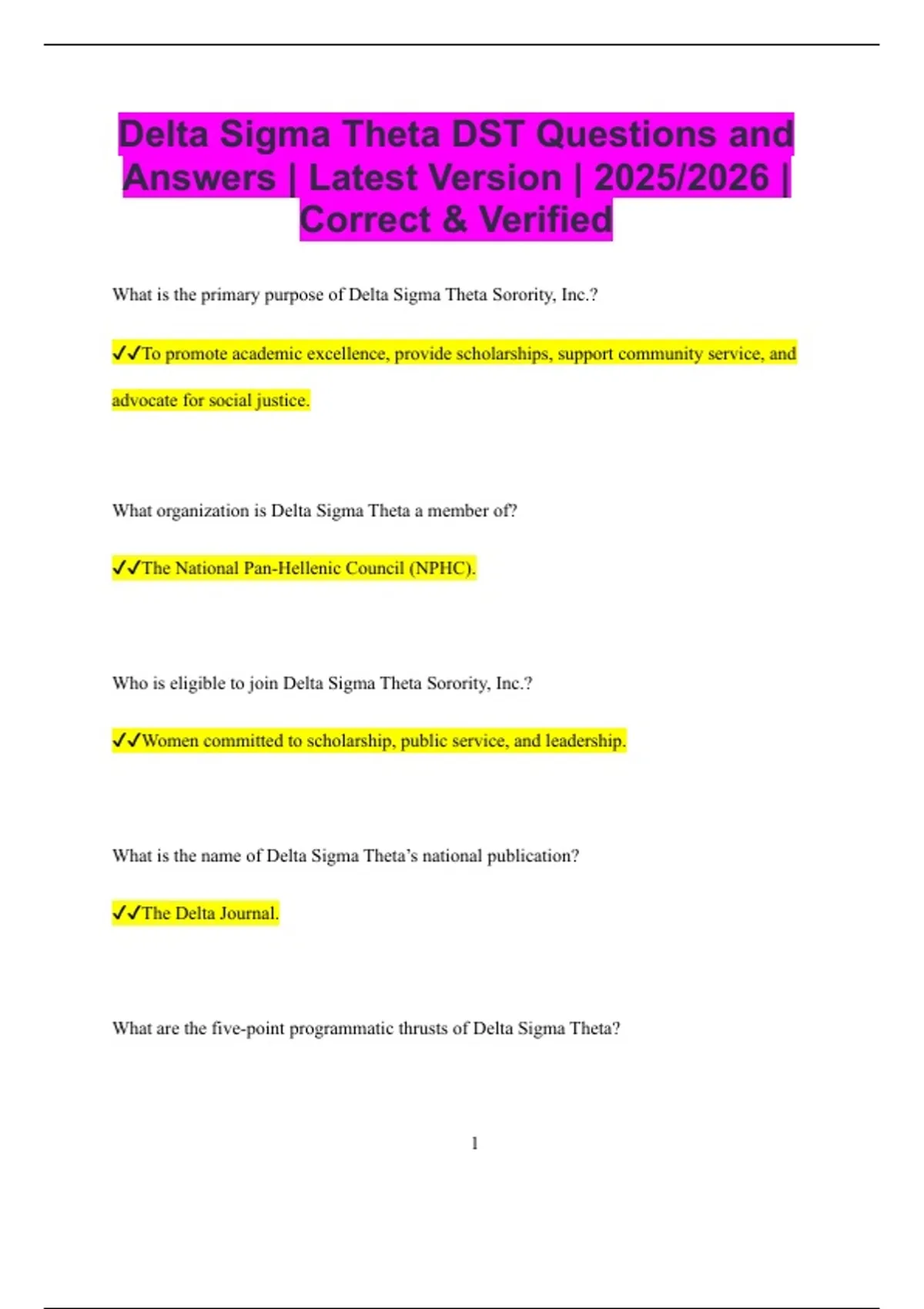 Delta Sigma Theta DST Questions and Answers | Latest Version | 2025/ ...