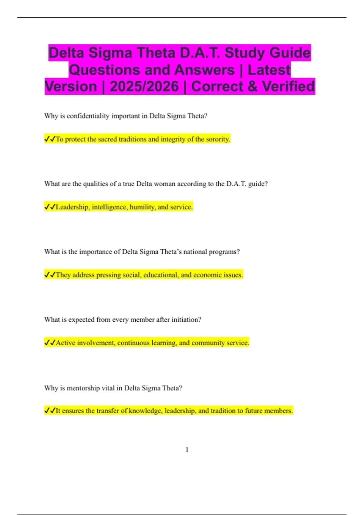 Delta Sigma Theta D.A.T. Study Guide Questions and Answers | Latest ...