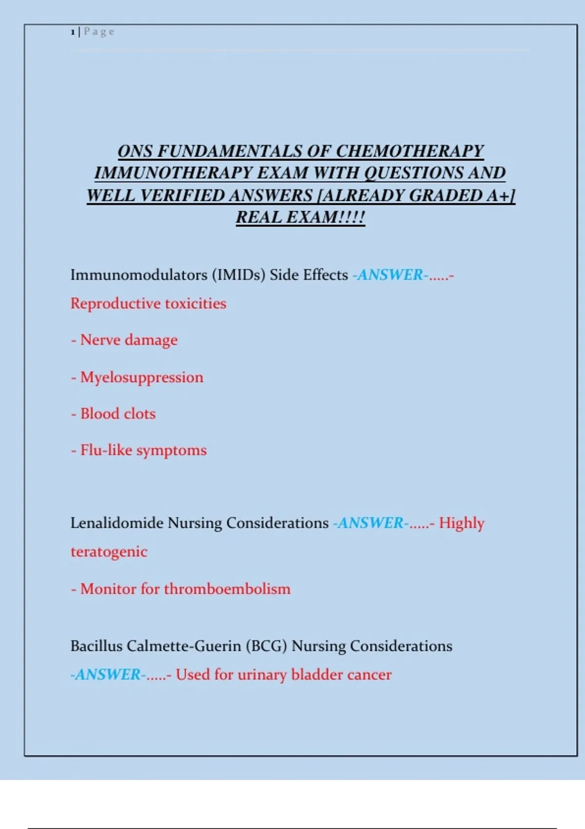 ONS Fundamentals of Chemotherapy and Immunotherapy Exam Prep 2025 ...