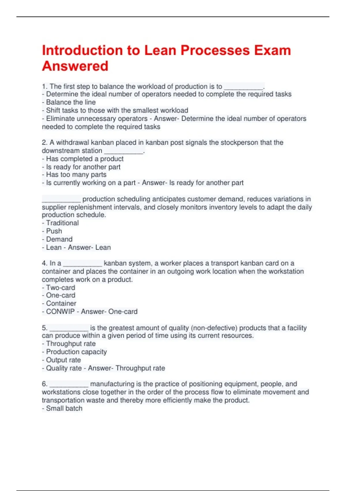 Introduction to Lean Processes Exam Answered - Introduction to Lean ...