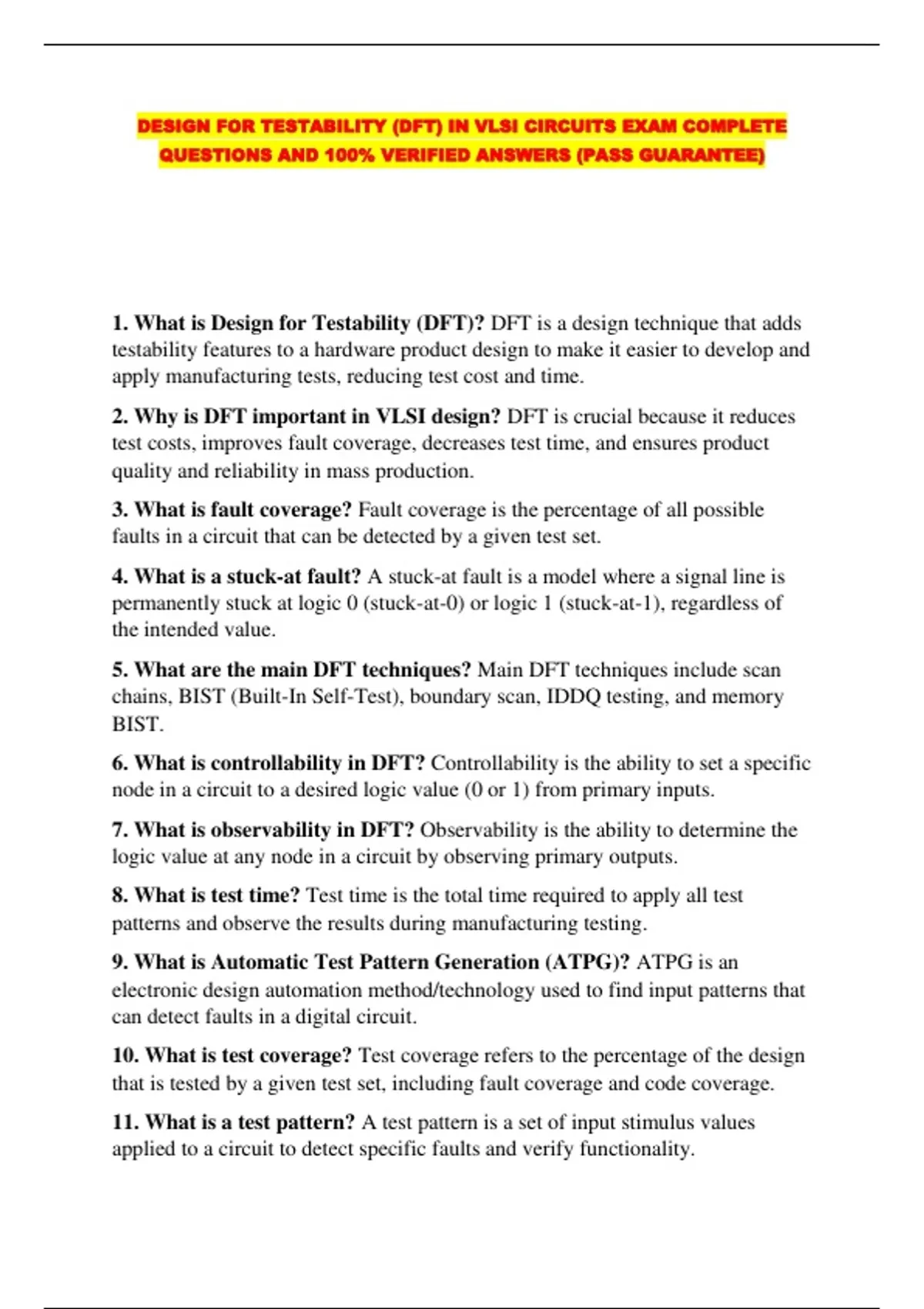 DESIGN FOR TESTABILITY (DFT) IN VLSI CIRCUITS EXAM COMPLETE QUESTIONS ...